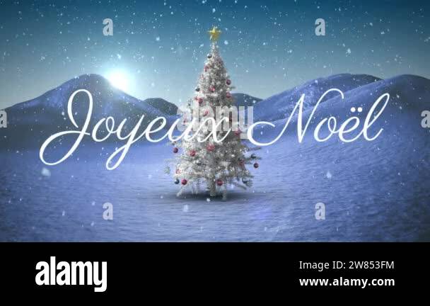 Animation of joyeux noel christmas greetings over christmas tree in ...
