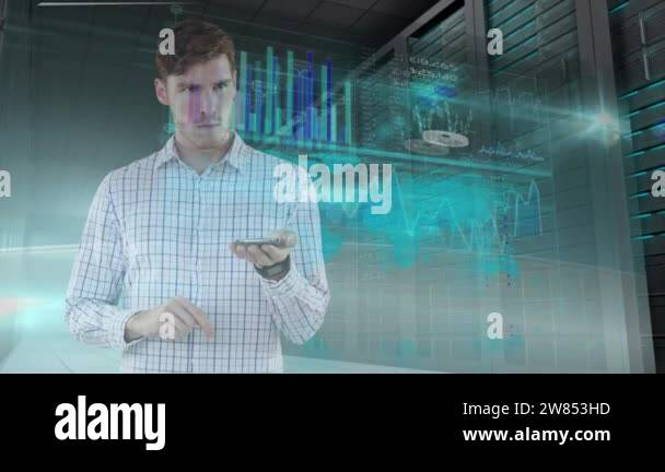 Animation of happy businessman over data processing and computer servers. global business ...