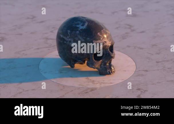 Human skull rotates and flips on a platform. Black white marble. 3d ...