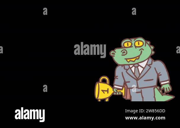 Alligator appears on screen holding gold cup and smiles. Frame by frame ...