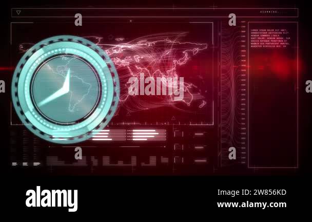 Animation of clock moving fast and data processing with world map on screen. global connections ...