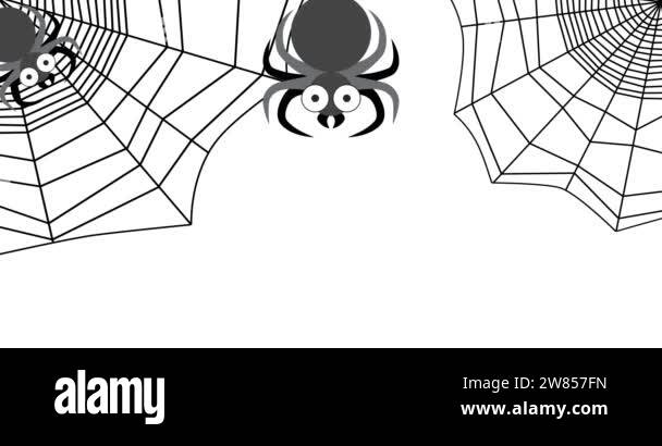 Spider webs in corners of monochrome graphic video. Two spiders on webs ...