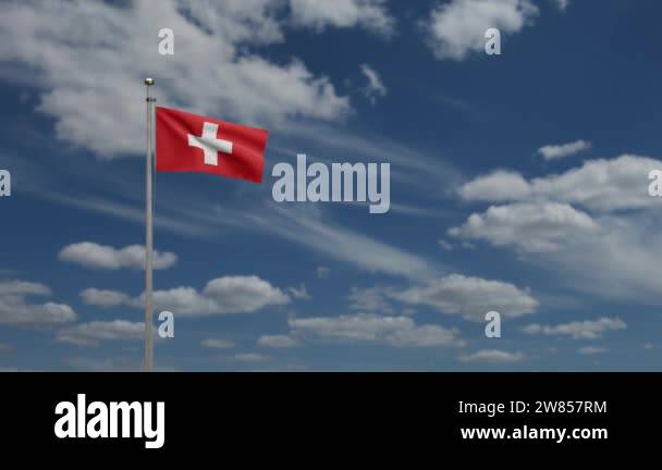 3D, Switzerland flag wavingon wind with blue sky and clouds. Close up ...