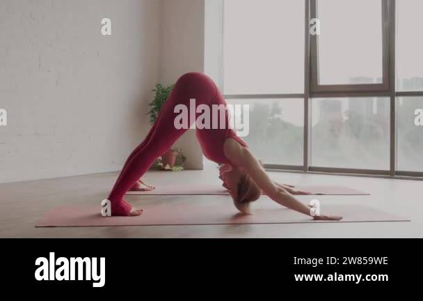 Beautiful yoga. Two young women in red sports uniforms doing Adho Mukha ...