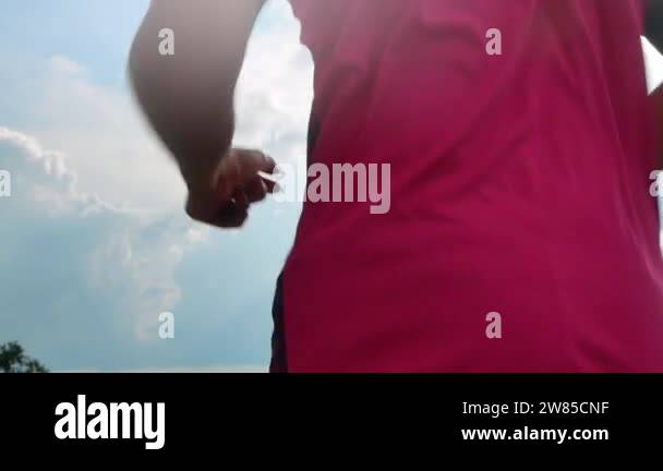 Teenage boys runner running on the road trail in morning training for ...