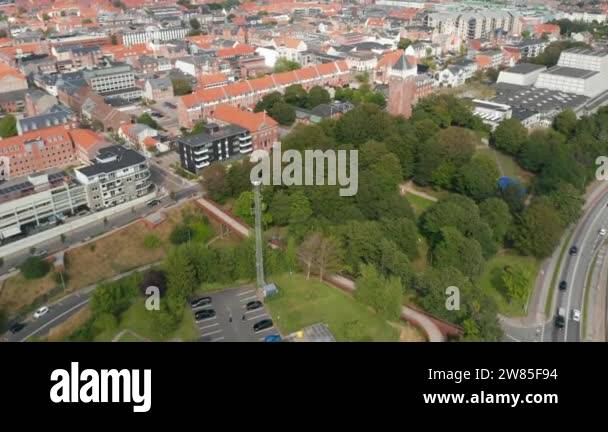 Flight forward over the city of Esbjerg, Denmark Drone view revealing ...