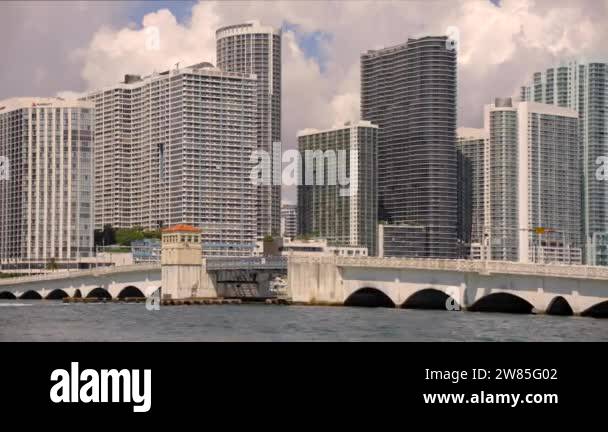 Miami waterfront scene by Venetian Causeway drawbridge and Edgewater ...