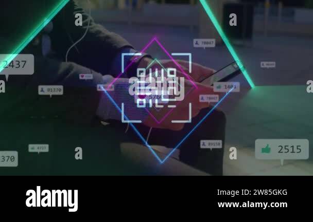 Animation of qr code over social media icons. global digital security ...