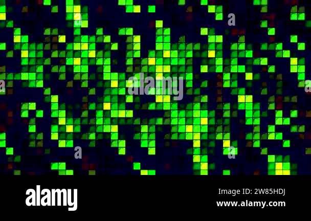 Motion abstract background with green pixels flashing and blinking on a black background ...