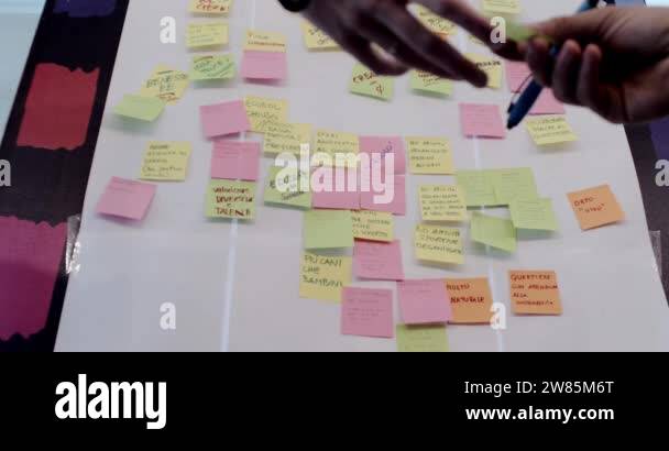 Girl in a teamwork using brainstorming for ideas pasting post it notes ...