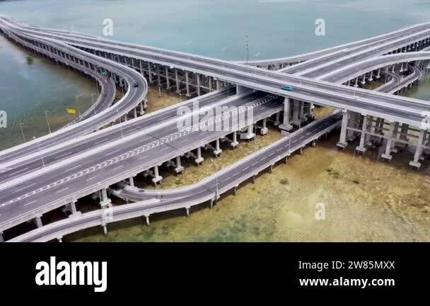 Multi-road crossing on a highway. Close-up multiple bridge road aerial ...