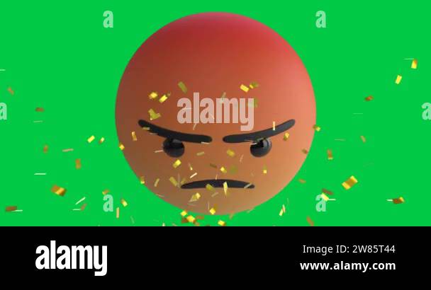 Animation of confetti falling over angry emoji emoticon icon on green ...