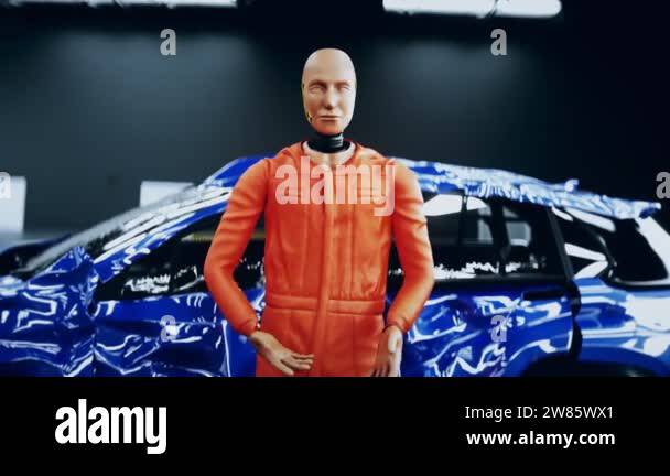 Robot crash test dummy speaking near car crash test. Future concept ...