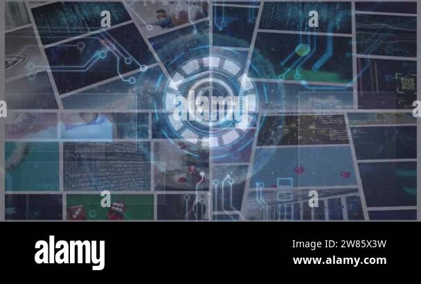 Animation of scope scanning and data processing on screens. global connections, data processing ...