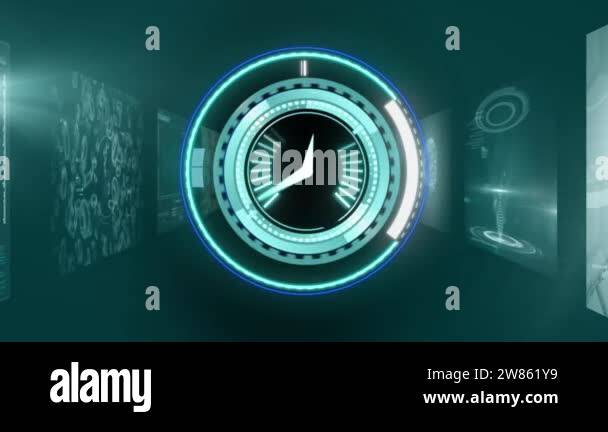 Animation of scope scanning with clock over moving screens on black background. global ...