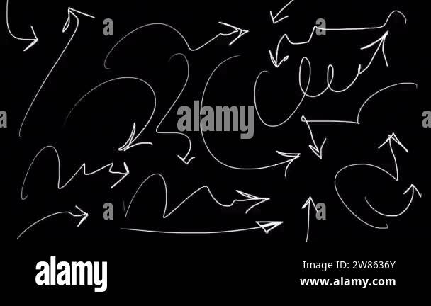 Doodle animation with white arrows on a black background. 4k video with changing pointers ...