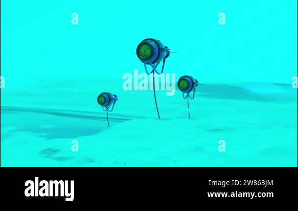 Abstract turbine like shapes turning and levitating in the sky ...