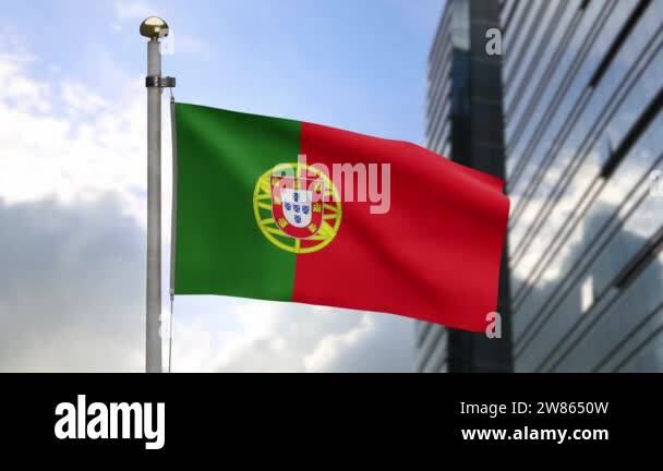 3D, Portuguese flag waving on wind with modern skyscraper city ...