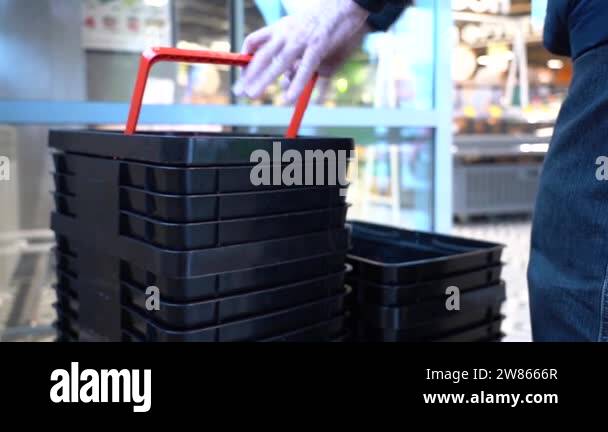 Take a Grocery Shopping Cart. Close-up of Male Shopper Hand Pulling a ...