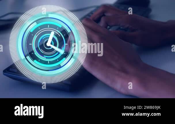 Animation of scope scanning with clock over person using keyboard. global connections, data ...