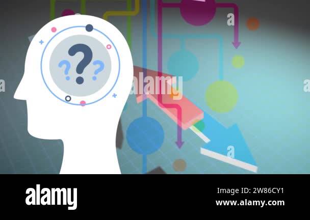 Animation of human head with question marks over colourful shapes on ...
