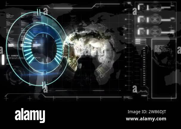 Animation of scope scanning and data processing on screen. global connections, data processing ...