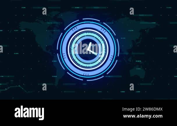 Animation of scope scanning with clock over world map on black background. global connections ...