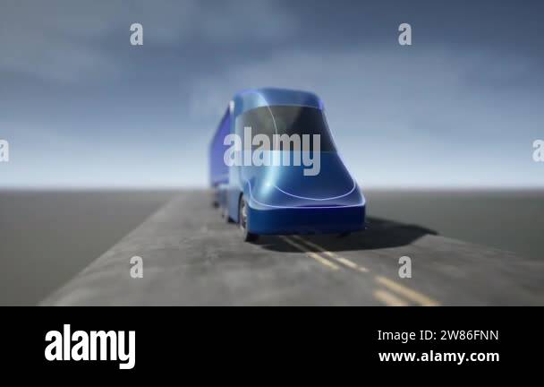 Self-driving electric semi truck driving on highway. 3D rendering ...