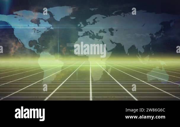 Animations of world map over yellow grid. global connections, business ...