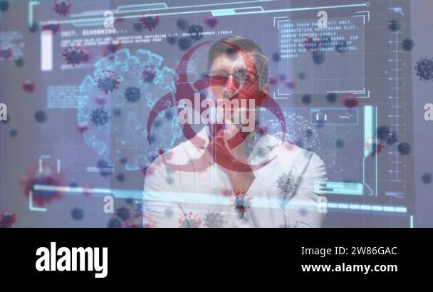 Animation of biohazard icon, virus cells, digital interface over male ...