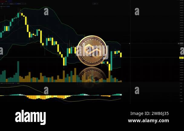 Zoom in of a polygon matic crypto token coin symbol on a growing ...