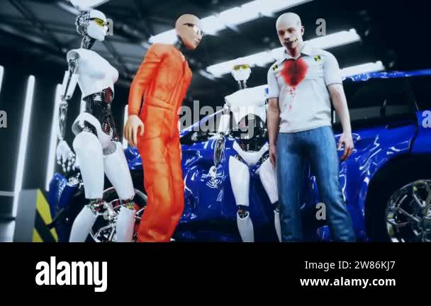 Robot crash test dummy and man. Future concept. Realistic 4k animation ...