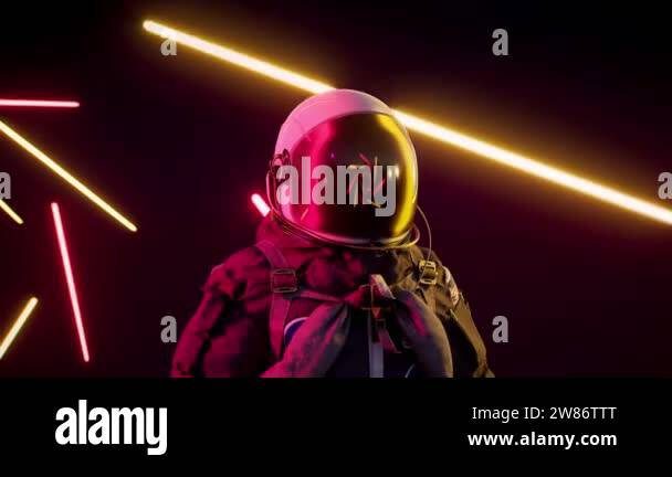 Neon astronaut in infinite warp tunnel. Futuristic loop 3d animation ...