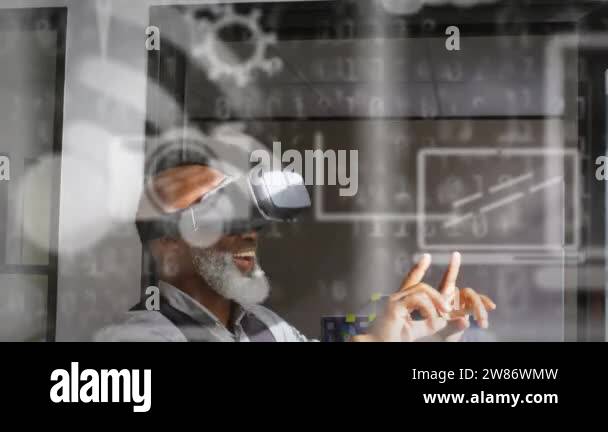 Animation of social media icons and data processing over african american man wearing vr headset ...