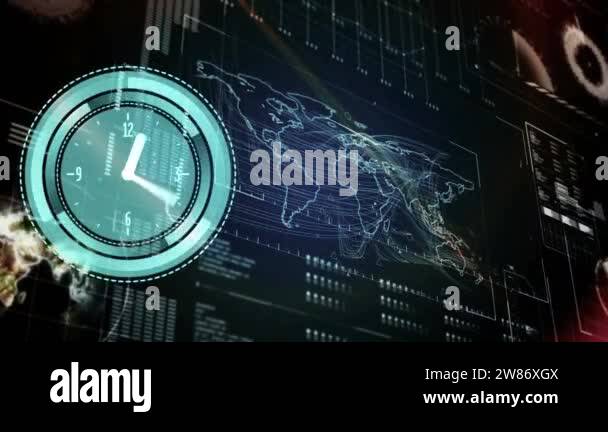 Animation of clock moving fast and data processing with world map on screen. global connections ...