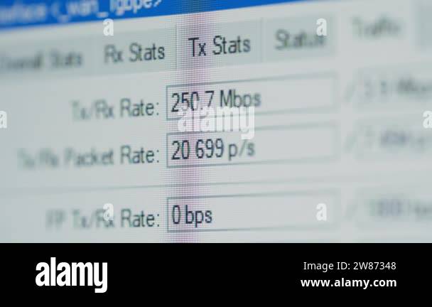 Network interface table showing router transfer speed, tx and rx packet ...