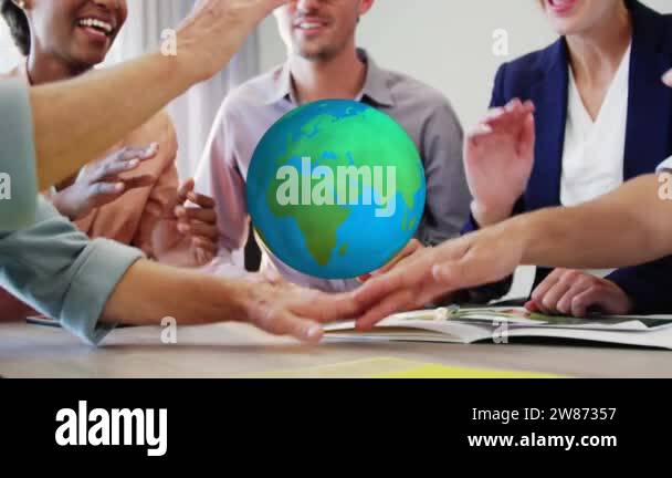Animation of globe over work colleagues stacking hands in background. global business, team work ...