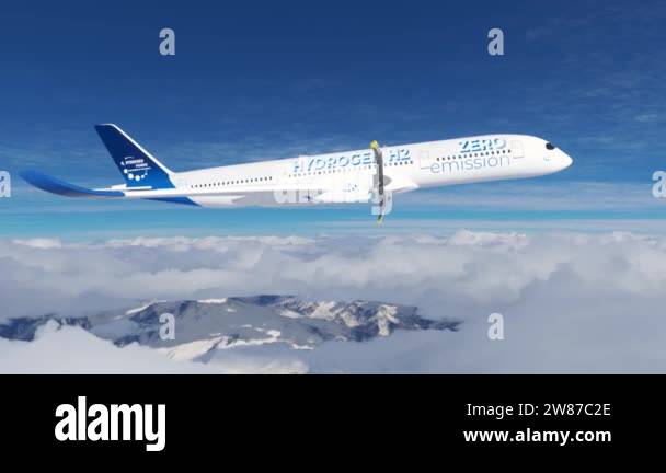 Hydrogen filled H2 Airplane flying in the sky - future H2 energy ...