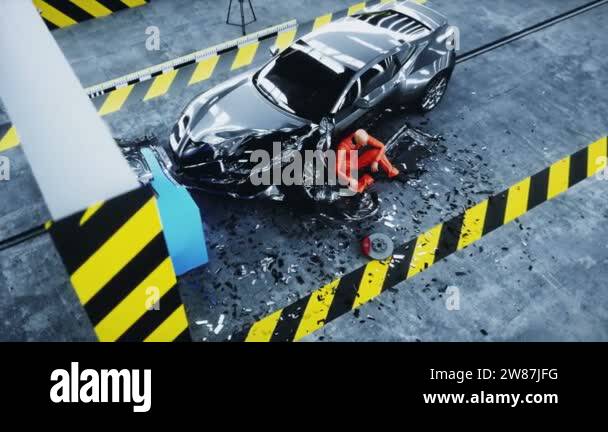 Robot crash test dummy sitting near destroyed car crash test. Future ...