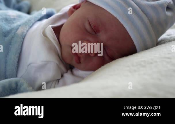 Close-up Crying Newborn Baby Face Portrait Early Days Sleeping On Tummy ...