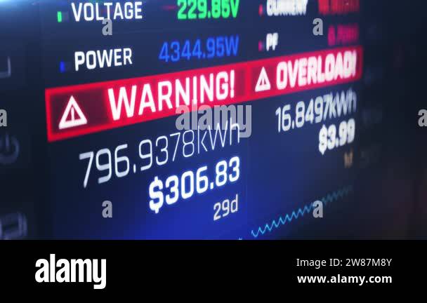 Energy meter screen showing warning overload alert, risk of fire, power ...