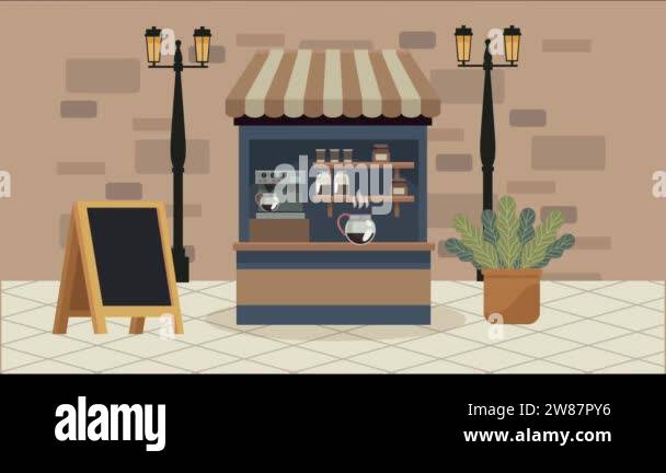 coffee shop animation with shelving and chalkboard scene Stock Video ...