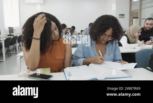 A multi-ethnic group of cheerful students takes an active part in the ...