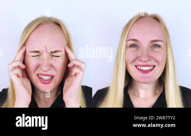 Before and after. On the left, the woman indicates a headache, and on ...