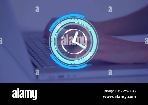 Animation of scope scanning with clock over person using laptop. global connections, data ...