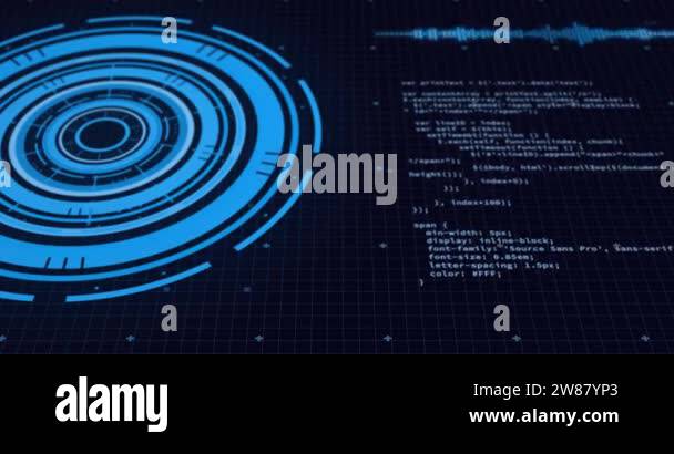 Animation of data processing on screens and scope scanning over black background. global ...