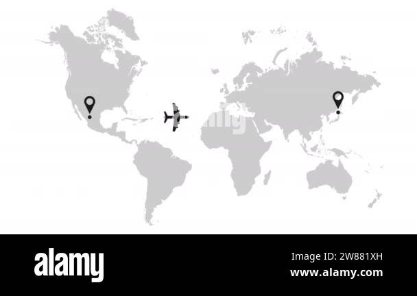 Airplane flying on world map with location pin. 4K video animation with ...