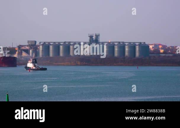 UKRAINE, CHERNOMORSK - NOVEMBER 07, 2021: bulk cargo bunkers near the ...