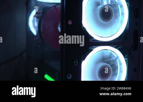 Blue illumination of the fan in the pc case. Blue blades spin to cool ...
