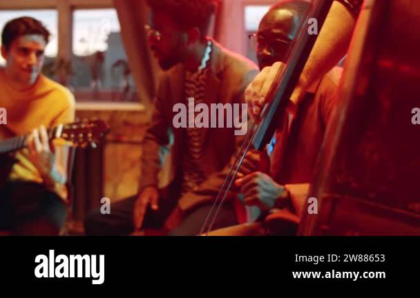 Tilt up shot of young Caucasian man plucking strings of double bass ...